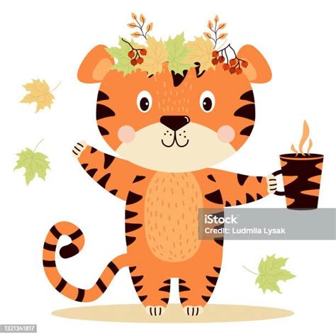귀여운 호랑이 가을 잎과 열매화환에 줄무늬 캐릭터로 뜨거운 음료를 마시며 발을 흔들고 있습니다 호랑이는 동쪽 운세에 따라 새로운 2022의 상징이다 벡터 일러스트레이션