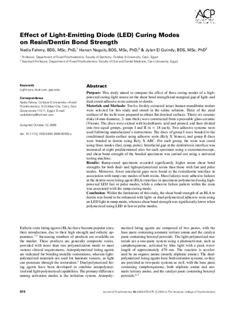Pdf Effect Of Light Emitting Diode Led Curing Modes On Resindentin Bond Strength