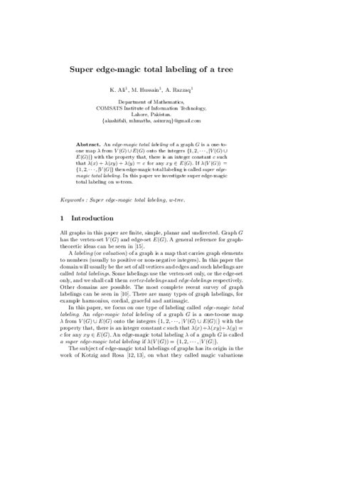 Pdf Super Edge Magic Total Labeling Of A Tree Engr Kashif Ali