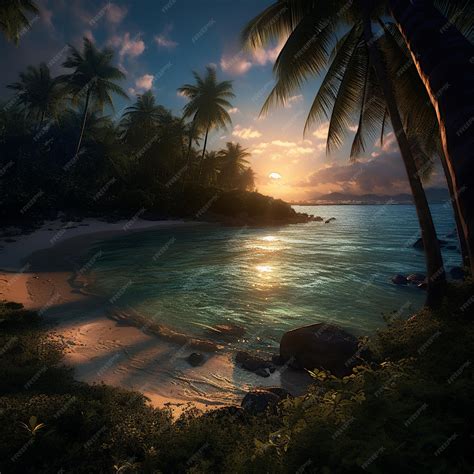 Premium Photo The Sunsets On Tropical Beach With Palm Trees