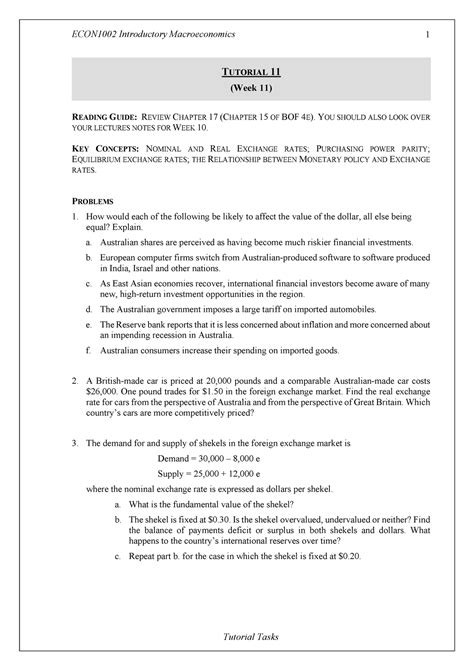 Econ Tut Economics Tutorial On The Balance Of Payments READING GUIDE REVIEW CHAPTER