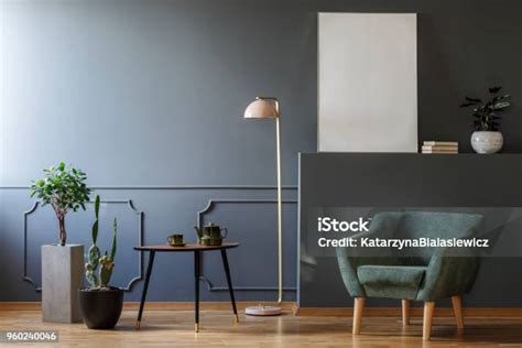 식물과 녹색 안락의 자 및 이랑 회색 아파트 인테리어 램프 사이의 테이블 0명에 대한 스톡 사진 및 기타 이미지 0명 가구