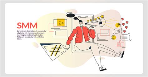 Smm 소셜 미디어 마케팅 영향력 및 인터넷 광고 개념 스마트폰에 있는 소녀가 라우드스피커를 들고 있습니다 브랜드 홍보대사