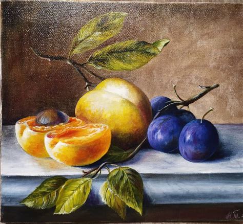 Картина «Натюрморт с персиками и сливами Холст Масло 2022 г