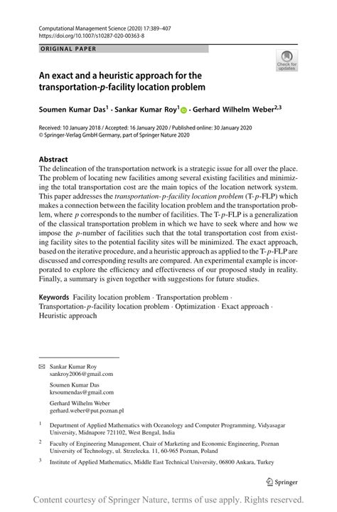 An Exact And A Heuristic Approach For The Transportation P Facility Location Problem Request Pdf