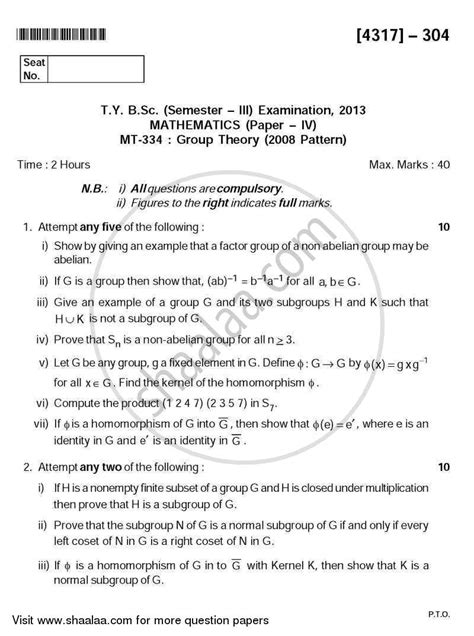 Group Theory 2013 2014 B Sc Mathematics Semester 5 Tybsc Question Paper With Pdf Download