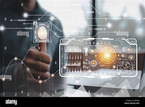 Security Of Future Technology Business Man Touching Thumb Finger Scan His Fingerprints With