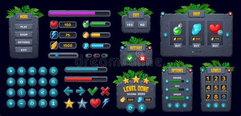 Game UI, Jungle Forest Stone Interface Buttons Stock Illustration - Illustration of element ...