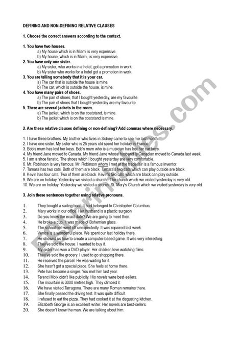 Defining And Non Defining Relative Clauses With Answers ESL Worksheet By Belenr