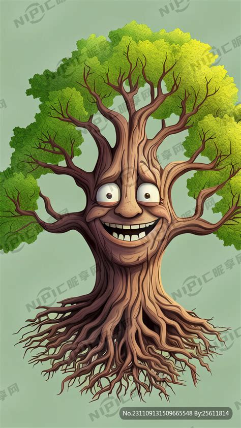 Ai创作图一颗老树 树枝粗 树叶少 树枝顶端有卡通笑脸 树根下面有点花草 昵图网