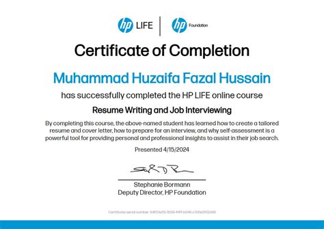 completed resume writing and job interviewing course m huzaifa fazal