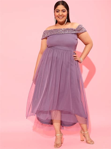 Buy Curvy Street Lavender Plus Size Off Shoulder Net Dress Dresses