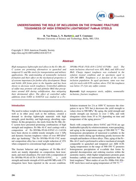 Pdf Understanding The Role Of Inclusions On The Dynamic Fracture Toughness Of High Strength
