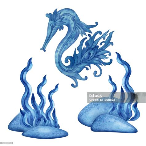 추상적인 수중 푸른 마법의 꽃 돌 초대장 패턴 직물 월페이퍼 스티커를 위한 물고기의 수채화 그림 흰색 배경에 격리된 구성 개체