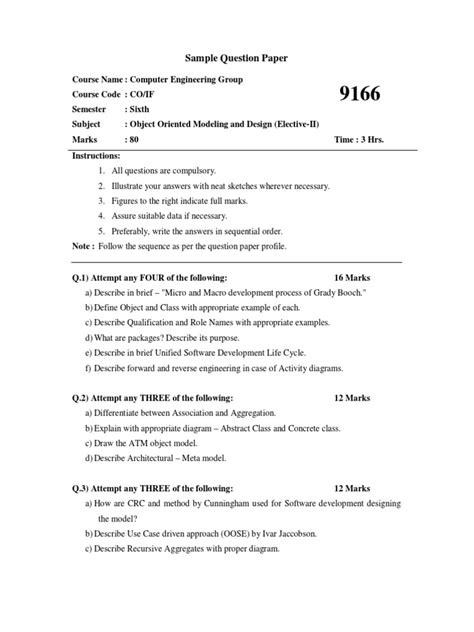 Object Oriented Modeling And Design 9166 Sample Paper Of Msbte For Sixth Semester Final Year