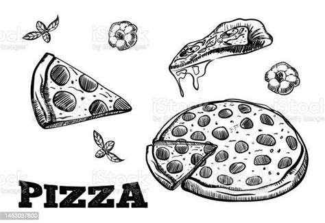 피자 조각 세트 손으로 그린 스케치 스타일 다른 피자 메뉴 디자인 및 패키지에 가장 적합합니다 흰색으로 격리된 벡터 삽화 개체 그룹에 대한 스톡 벡터 아트 및 기타 이미지