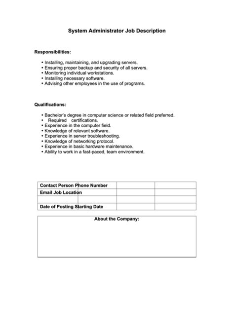 System Administrator Job Description Printable Pdf Download