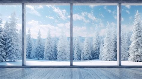 젖빛 유리창을 통해 보이는 눈 덮인 소나무 숲의 3d 렌더링 겨울 집 배경 3d 눈 배경 소나무 배경 이미지 Hd 겨울