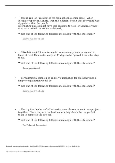 Phi 105 Topic 4 Quiz Fallacies In Everyday Life Quiz Version 2 Questions And Answers Phi 105