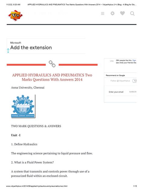 Applied Hydraulics And Pneumatics Two Marks Questions With Answers 2014 Vidyarthiplus V