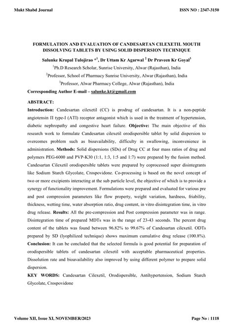 Pdf Formulation And Evaluation Of Candesartan Cilexetil Mouth Dissolving Tablets By Using