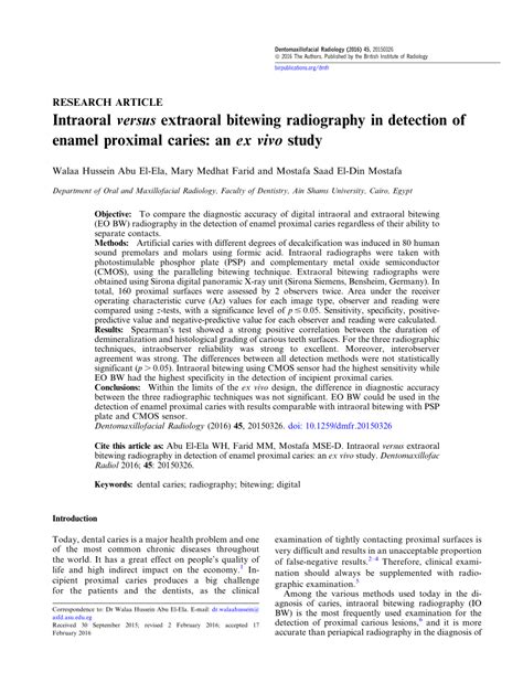 Pdf Intraoral Versus Extraoral Bitewing Radiography In Detection Of Enamel Proximal Caries An