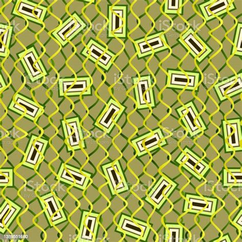 추상 기하학적 원활한 패턴 임의로 흩어져 있는 집중된 사각형은 물결 모양의 선 그리드 텍스처에 오버레이됩니다 정교한 표면 패턴 디자인 세련된 평면 일러스트 트렌디 한 배경