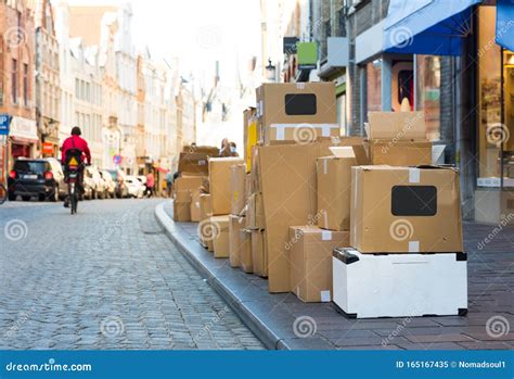 Carton Garbage Boxes On Sidewalk European City Stock Image Image Of