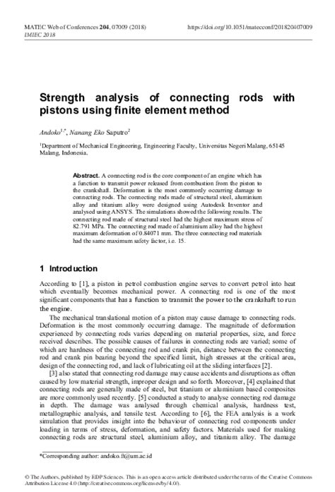 pdf strength analysis of connecting rods with pistons using finite
