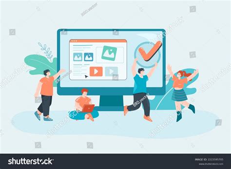 Tiny Content Creators Checkmark Huge Computer Stock Vector Royalty