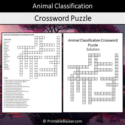 Animal Classification Crossword Puzzle Worksheet Activity Printable Pd