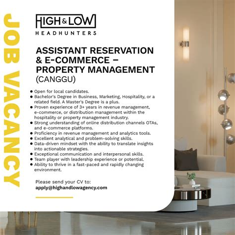 Assistant Reservation And E Commerce Property Management Canggu High And Low Headhunters