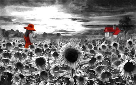 نقاشی رنگ روغن سیاه و سفید دختری با چتر قرمز در شب بارانی پاریس با برج