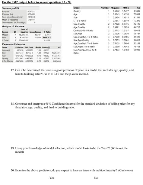 Solved Use The Jmp Output Below To Answer Questions 17 20