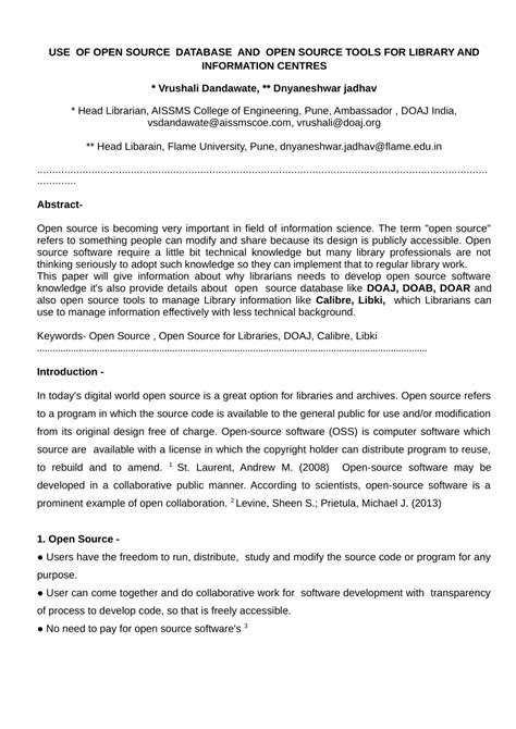 PDF USE OF OPEN SOURCE DATABASE AND OPEN SOURCE TOOLS FOR LIBRARY AND INFORMATION CENTRES