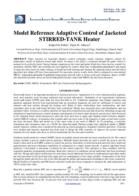 Pdf Adaptive Control For Jacketed Stirred Tank Heaters