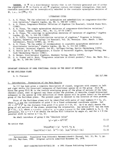 Pdf Invariant Subspaces Of Some Function Spaces On The Group Of Motions Of The Euclidean Plane