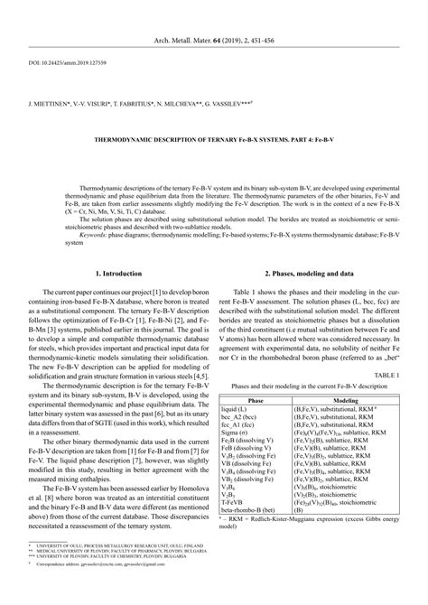 Pdf Thermodynamic Description Of Ternary Fe B X Systems Part 4 Fe B V