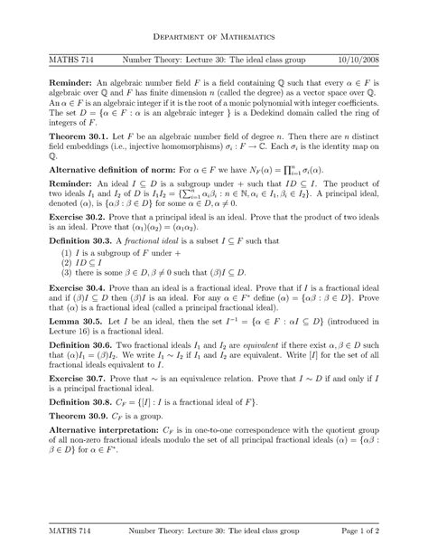 Maths714 2008 Lecture 30 The Ideal Class Group Department Of Mathematics Maths 714 Number