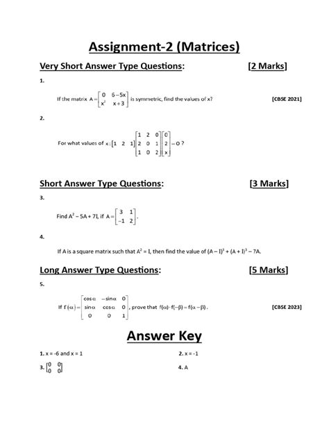 Class 12 Matrices Assignment 2 With Ans Pdf