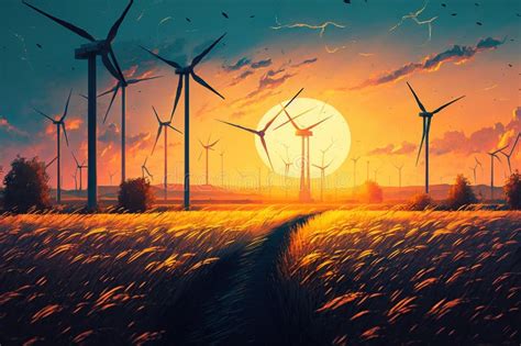 Wind Turbines On A Field At Sunset Renewable Energy Production Using Wind Turbines Ai