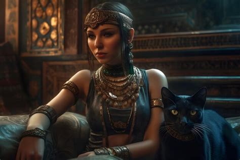 Premium Ai Image Beautiful Oriental Woman And Black Cat Neural Network Ai Generated