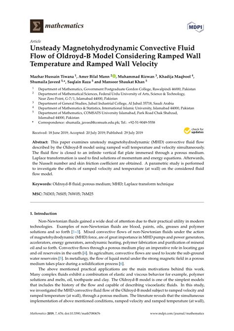 Pdf Unsteady Magnetohydrodynamic Convective Fluid Flow Of Oldroyd B Model Considering Ramped