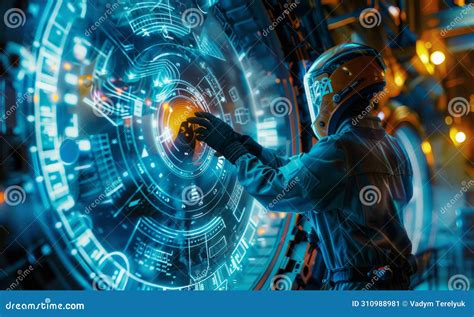 Astronaut Touching Futuristic Hud Interface In Space Station Stock Image Image Of Mechanical