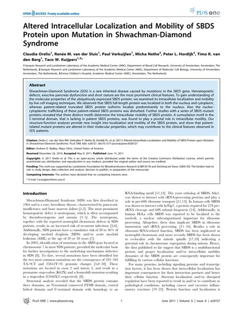 Pdf Altered Intracellular Localization And Mobility Of Sbds Protein Upon Mutation In Shwachman