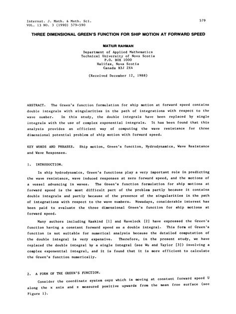 Three Dimensional Greens Function For Ship Motion Pdf Integral Ships