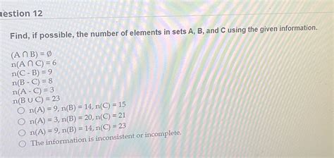 solved estion 12 find if possible the number of elements in sets a