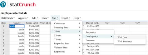 select from the statcrunch menu the options stat tables contingency