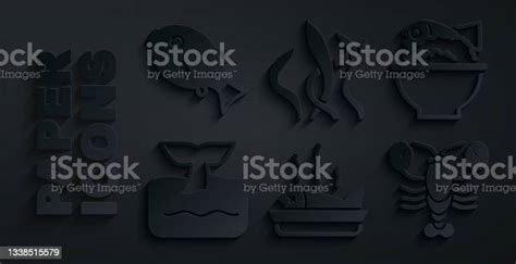 접시에 생선을 세트 그릇 바다 파도에 고래 꼬리 랍스터 해초와 열대 아이콘 벡터 3차원 형태에 대한 스톡 벡터 아트 및 기타 이미지 3차원 형태 갈고리 발톱 갑각류