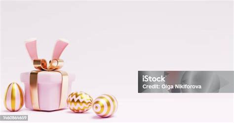 부활절 토끼 귀에 고급스러운 선물 상자 반짝이는 계란 미니멀리즘 3d 렌더링 부활제에 대한 스톡 사진 및 기타 이미지 부활제